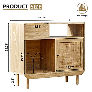 Vintage Record Player Stand, Vinyl Record Storage Table ,Turntable Stand Record Player Cabinet with Storage, Vinyl Record Player Stand with Rattan Door, Printer Stand with Open Storage Shelves-Natural