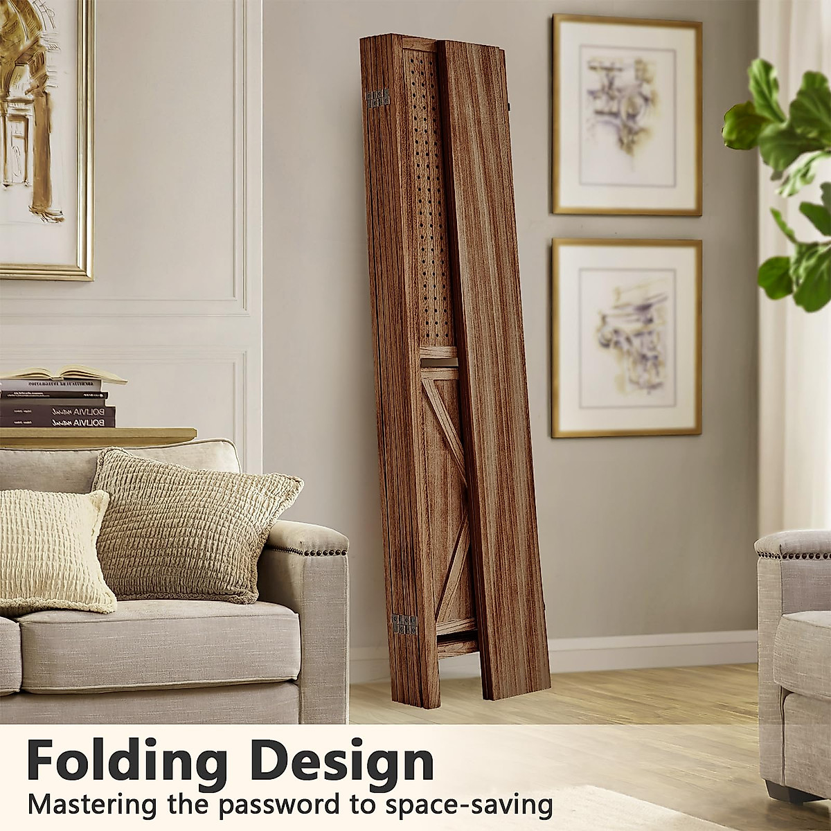 ALeesing 6 Panel Pegboard Display with 24 Hooks, Wooden Pegboard Room Divider Wall with Shelf, Rustic Room Dividers and Folding Privacy Screens, Bedroom, Jewelry Store, Brown