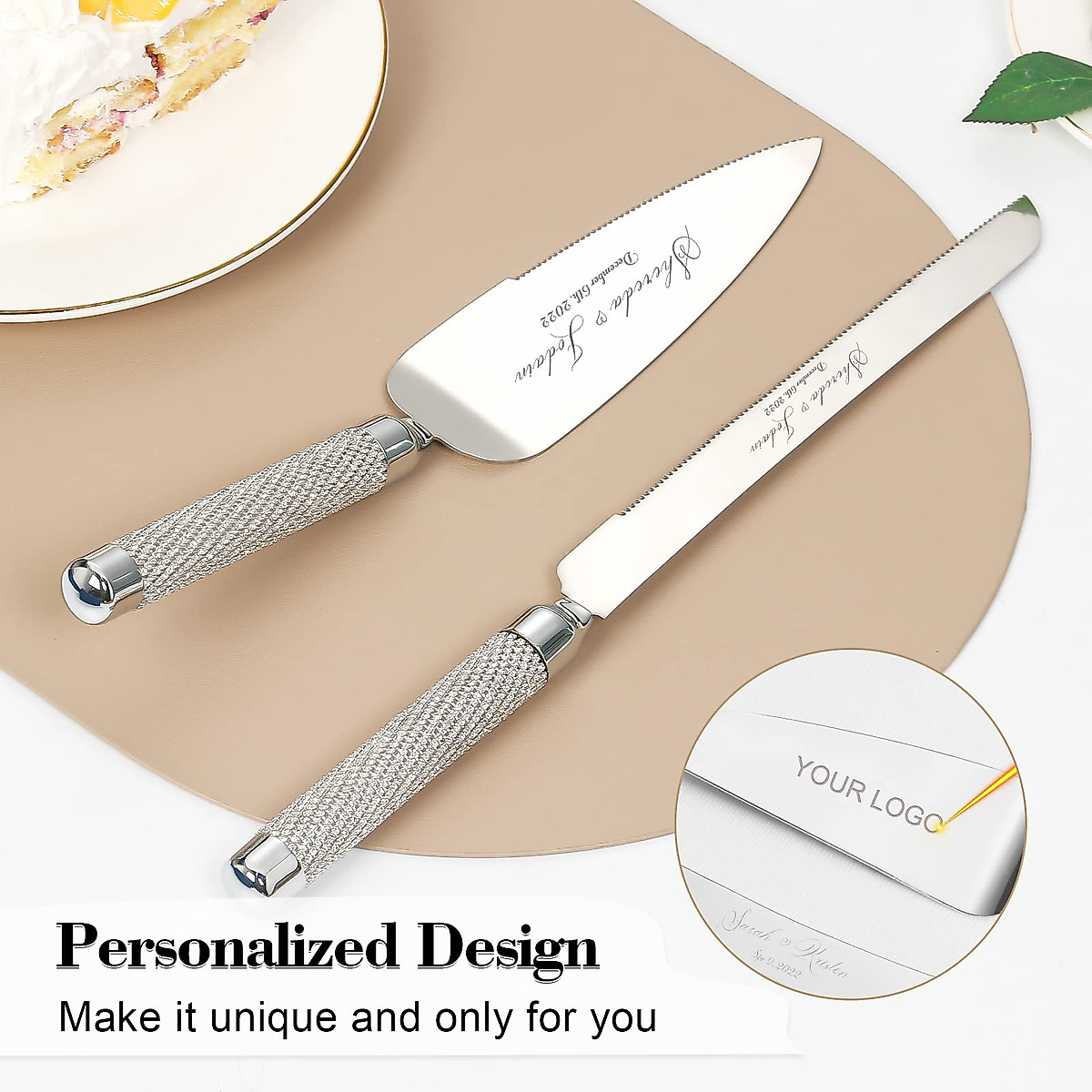 Wedding Cake Knife and Server Set, Personalized Cake Cutting Set, Engraved Elegant Cake Cutters With Sparkling Diamonds, Custom Pie Spatula and Cake Knife, Birthday Bridal Quinceañera Gift (Silver 3)