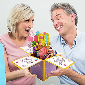 Happy 50th Birthday Cards 50th Birthday Greeting Card 50th Gift Card Birthday Pop Up Cards with Note Card and Envelope 50th Birthday Gifts for Women, Wife, Mother Gifts Box 3D Popup Birthday Cards