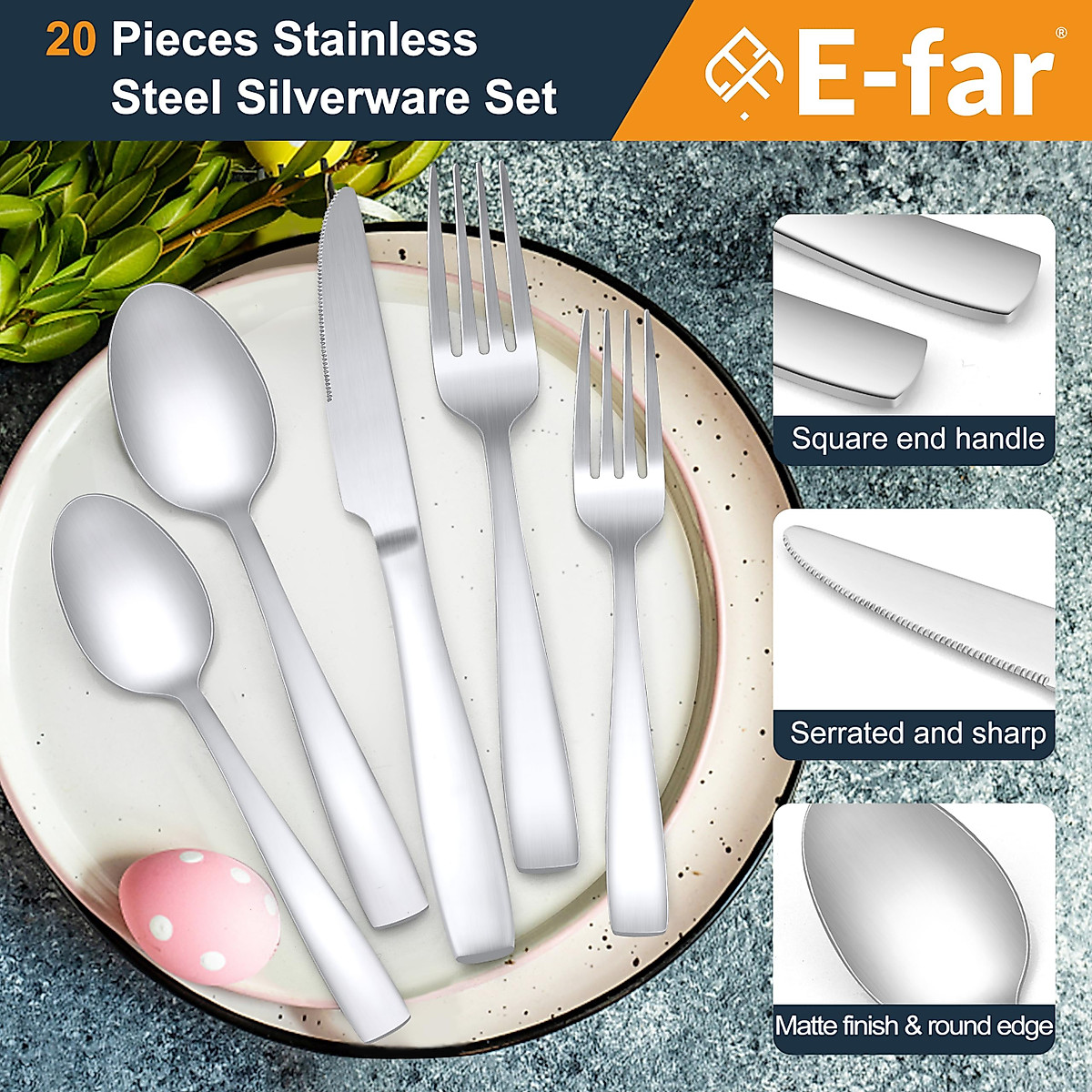 E-far Matte Silverware Set for 4, 20 Pieces Stainless Steel Flatware Eating Utensils Set for Home Kitchen Restaurant, Metal Forks Spoons and Knives with Square Handle, Dishwasher Safe