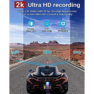 Dash Cam 2K WiFi Car Camera 1440P Dash Camera for Cars,Front Dashcam for Cars with Super Night Vision, WDR, Loop Recording, G-Sensor, 170°Wide Angle, Parking Monitor, WiFi &APP, Support 128GB Max