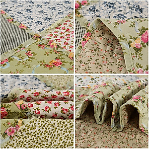 King Size Patchwork Quilt Set Green Floral Reversible Quilted Bedspread Coverlet Set 3-Piece Comforter Lightweight Stitched Quilt Bedding Set Bed Cover Blanket with 2 Pillow Shams for All Seasons