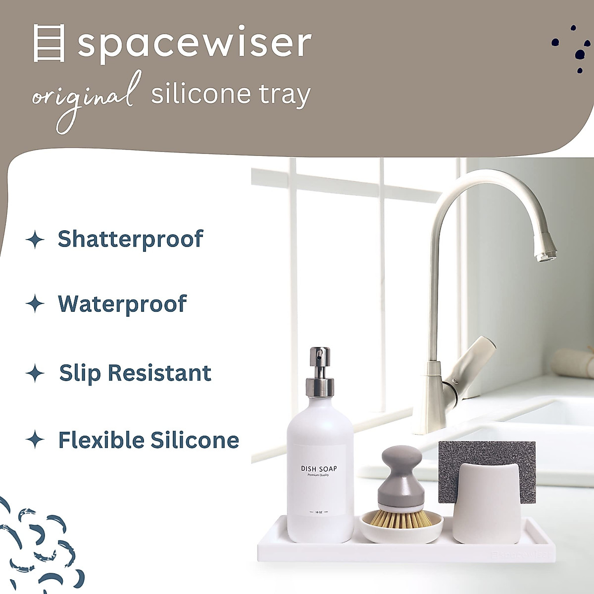 Spacewiser Countertop and Vanity Tray - 11.7" Silicone Bathroom Tray, Flexible Hand Dish Soap Holder for Kitchen, Bathroom Counter Organizer, Shower Toilet Tank Trays Décor, Sink Makeup Mat Oil, White