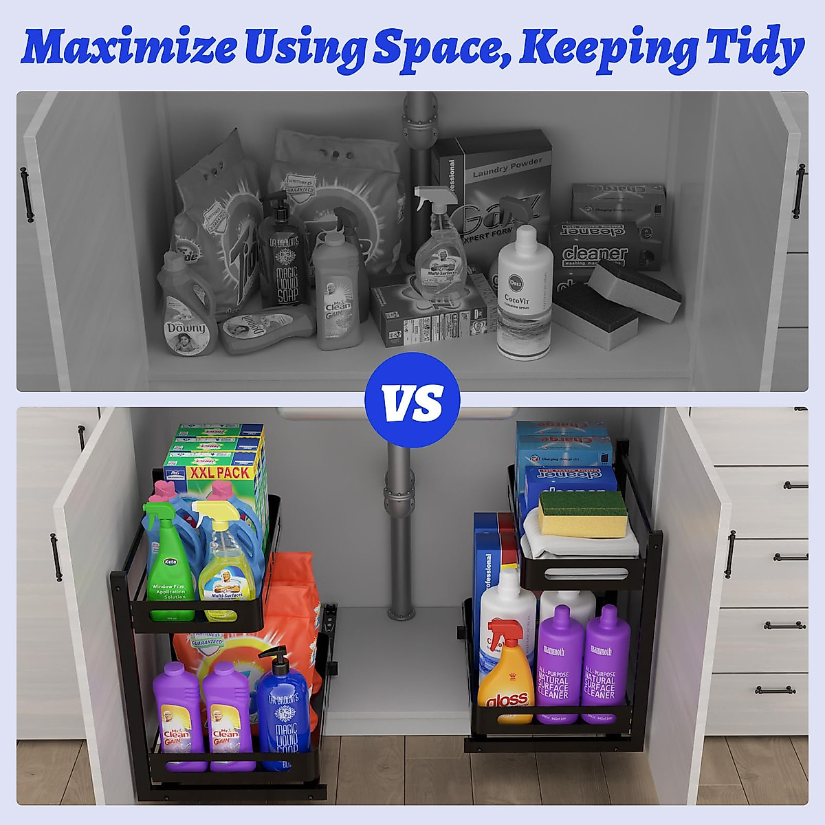 WASUMI Under Sink Organizers, Metal Sliding Cabinet Basket and Storage Organizer 2 Tier Pull Out Cabinet Organizer for Kitchen Bathroom, Large Capacity, Black