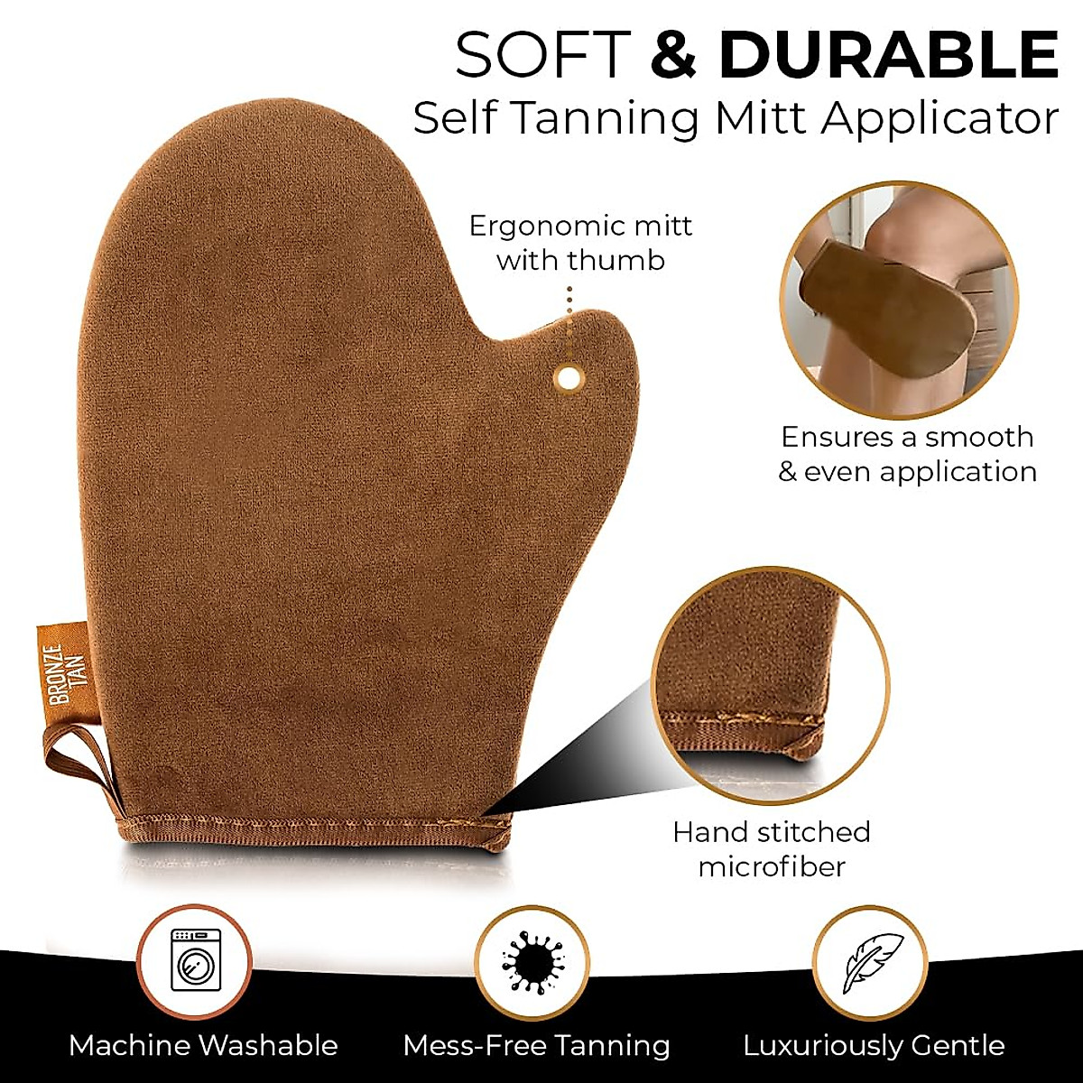 Bronze Tan Self Tanning Mitt Applicator With Thumb - Self Tanner Mitt for Application of Self Tanning Mousse or Lotion - Machine Washable And Reusable Ultra Soft Tanning Glove For Self Tan