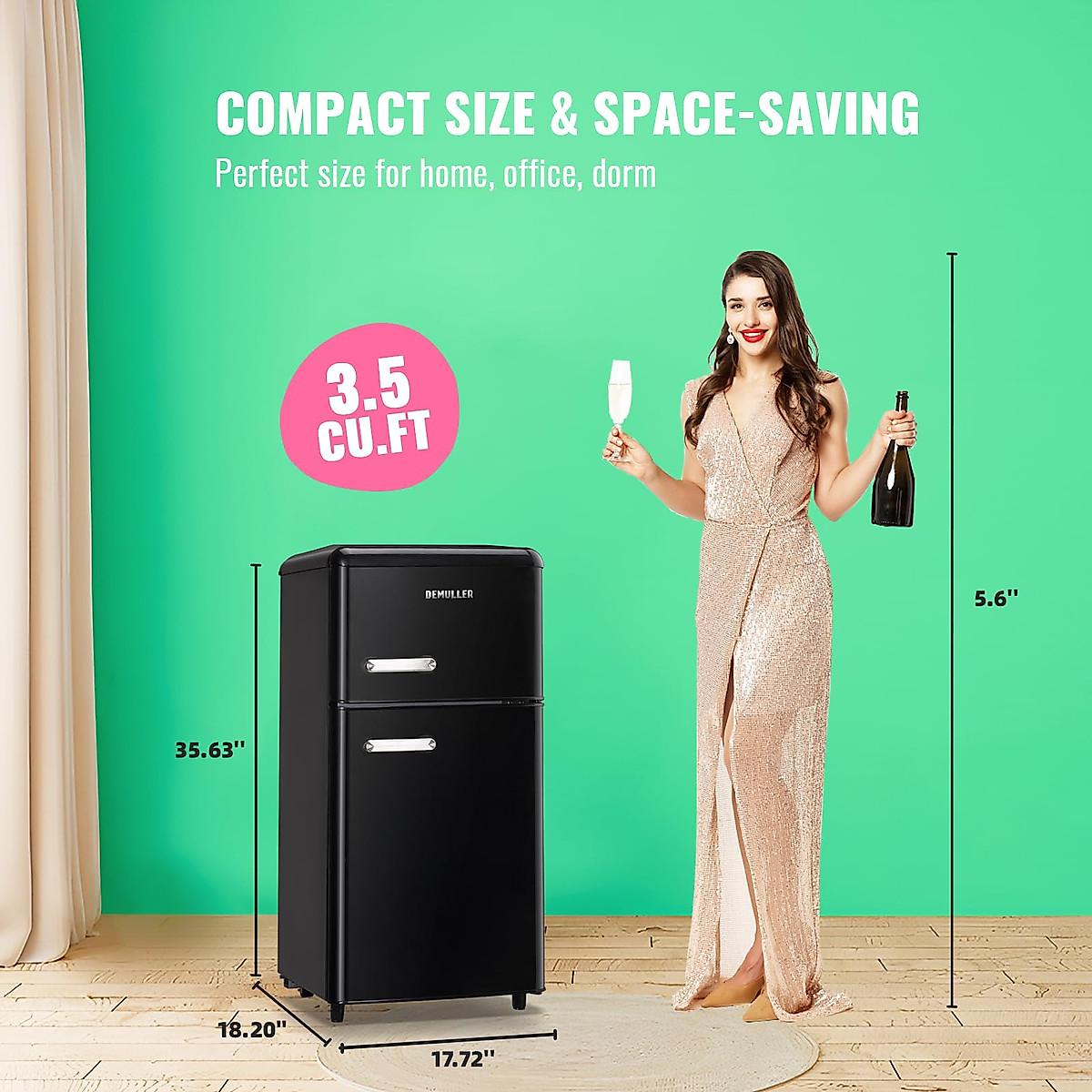 DEMULLER 3.5 Cu.ft Black Mini Fridge 2 Door Compact Refrigerator with Freezer, Small Refrigerator with 7 Adjustable Temperature Control, 2 Removable Glass Shelves and 1 Crisper Drawer