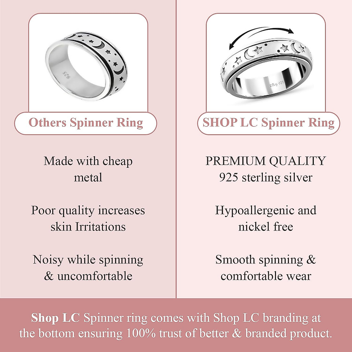 Shop LC 925 Sterling Silver Fidget Ring Men Spinner Ring Moon Star Anxiety Ring for Women Wedding Band Platinum Plated Statement Jewelry Stress Relief Bridal Engagement Rings Size 8 Birthday Gifts