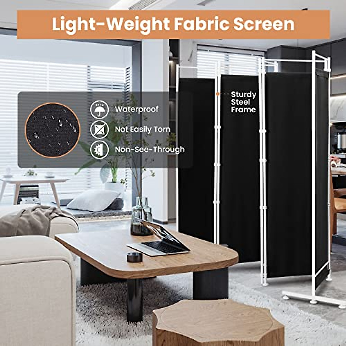 Nightcore 6 Ft Room Divider, 6 Panel Folding Wall Divider, Freestanding Partition with Adjustable Foot Pads, Perfect Privacy Screen for Home Office (Black)