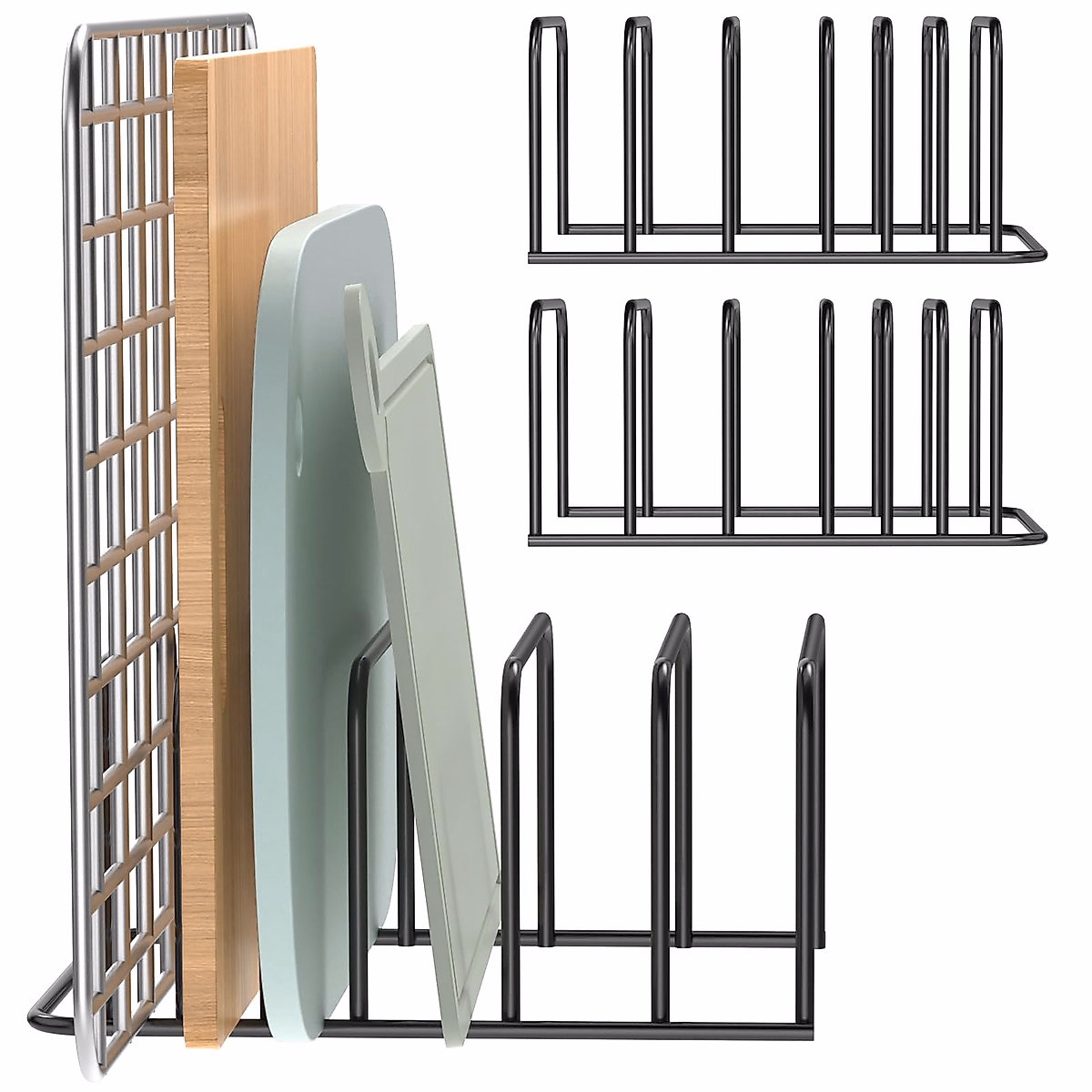 AKAZA 2 Pack Cutting Board Organizer,Holds 6 Small Boards,Cutting Board Holder Rack Baking Cookie Pan Sheets Cooling Racks Storage Stand for Kitchen Cabinet - 7.56 x 5.55 x 3.74 in (2, Black)