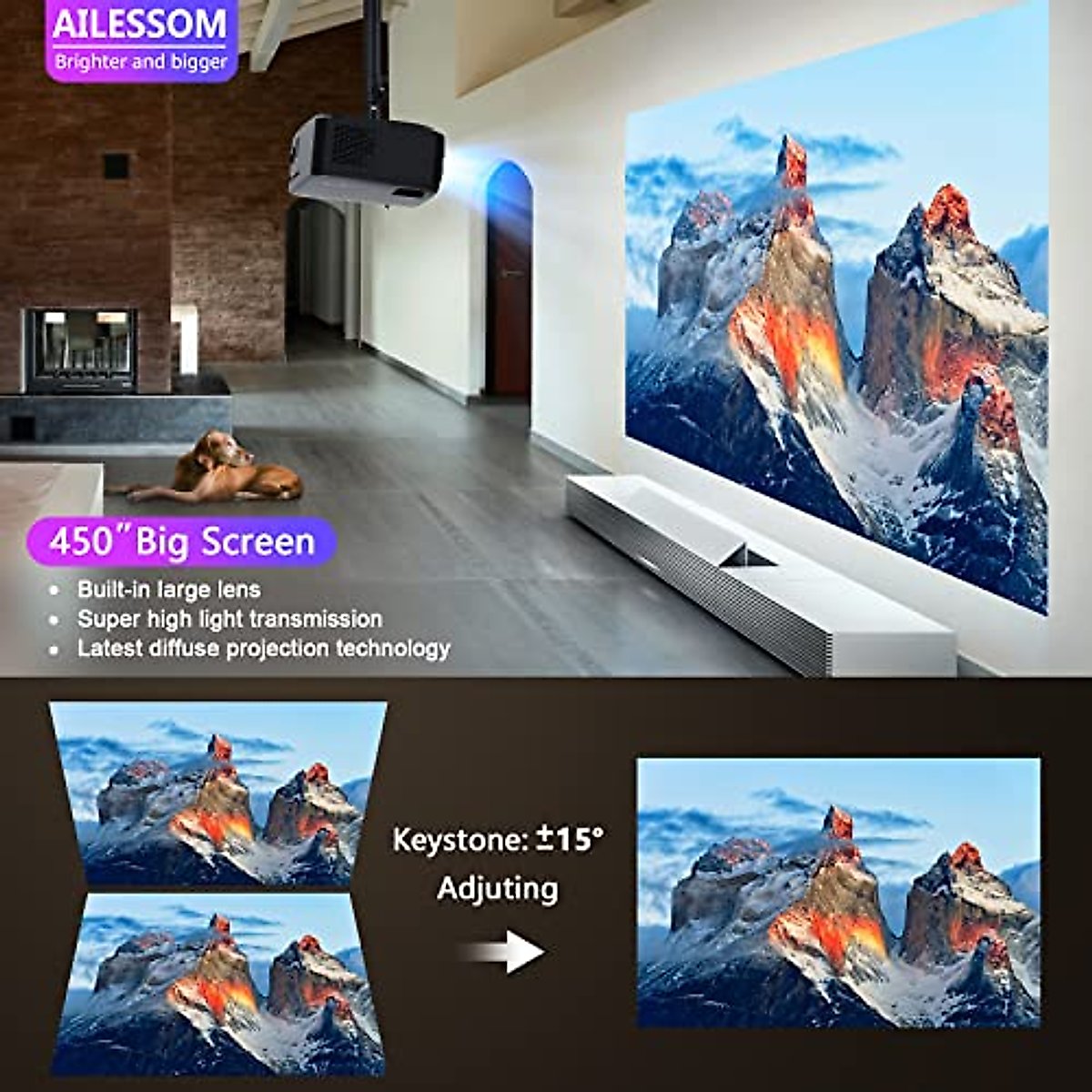 Native 1080P 5G WiFi Bluetooth Projector, AILESSOM 750ANSI 450" Display Support 4K Movie Projector, High Brightness for Home Theater and Business, Compatible with iOS/Android/TV Stick/PS4/HDMI/USB/PPT