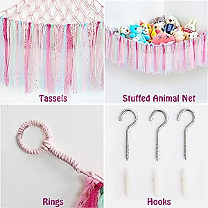Pink Stuffed Animal Net Hammock, Toy Hammock Hanging Stuffed for Animal Storage with Tassels for for Flat Wall,Nursery Play Room, Kids Girl Bedroom Decor