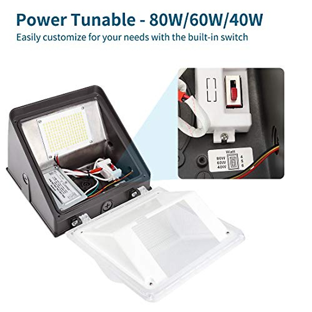 Xbuyee (2 Pack) 80W LED Wall Pack with Dusk-to-Dawn Photocell, Security Outdoor Wall Lights Wall Mounted LED Light Fixture, 120LM/W 5000K 100-277V IP65 Power Tunable (40W/60W/80W)