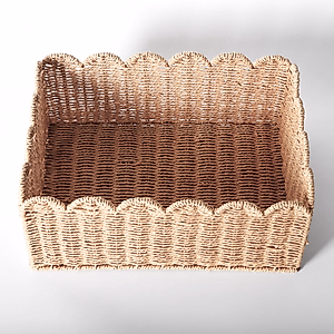 Scalloped Edge Basket, Wicker Storage Baskets, Hand Woven Baskets for Shelves,Natural Baskets for Organizing (M-14" L x 10.5" W x 6" H)