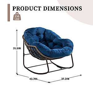 QQU Patio Rocking Chairs Set of 2，Indoor & Outdoor Wicker Rocker Chairs with Padded Cushion, All-Weather Rattan Chair with Steel Frame, Modern Lounge Egg Chair, Front Porch, Backyard,A-Navy