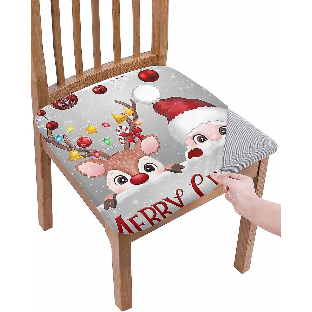 Santa Claus Chair Seat Covers for Dining Room Stretch Chair Seat Covers Set of 6, Chair Seat Protector Cushion Slipcovers for Kitchen Restaurant Office Red Grey Christmas Elk Ball Pine Silver