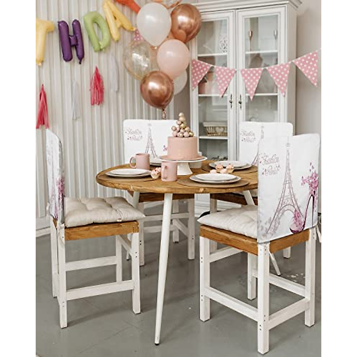 Maliyand Chair Back Cover, Pink Paris Eiffel Tower High Heel Flower Chair Covers Removable Chair Protector Slipcover for Dining Room, Kitchen, Restaurant, Set of 8