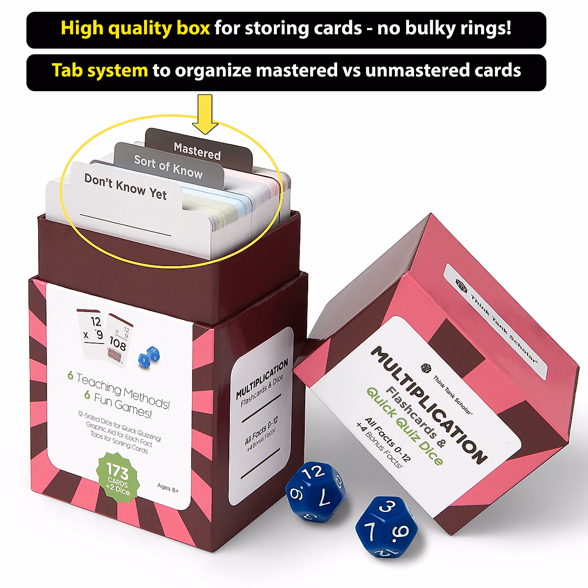 Think Tank Scholar 335 Multiplication & Division Flash Cards - 2 Math Dice (Award Winning) All Facts 0-12 Answer on Back, for Kids in 2ND, 3RD, 4TH, 5TH, 6TH Grade Class or Homeschool - Games & Charts