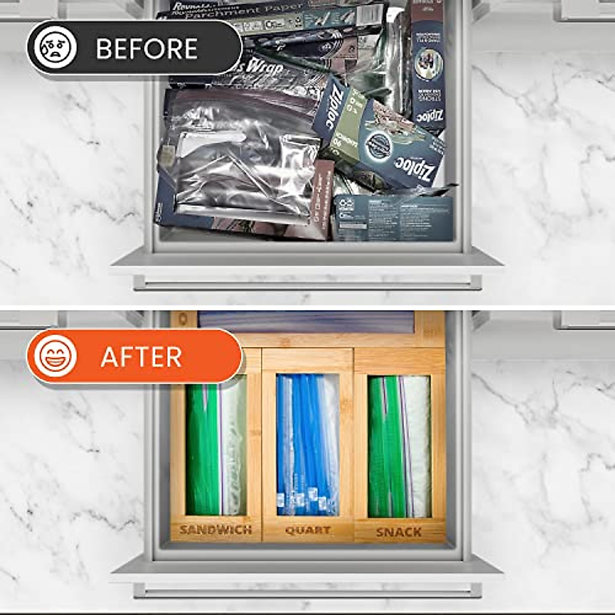 mHomeAid Bag Storage Organizer - Bamboo Food Plastic Baggie Holder, Dispenser, and Container for Kitchen Drawer and Cabinet - Fits Ziplock and Ziploc Gallon, Quart, Sandwich & Snack Sized Slider Bags