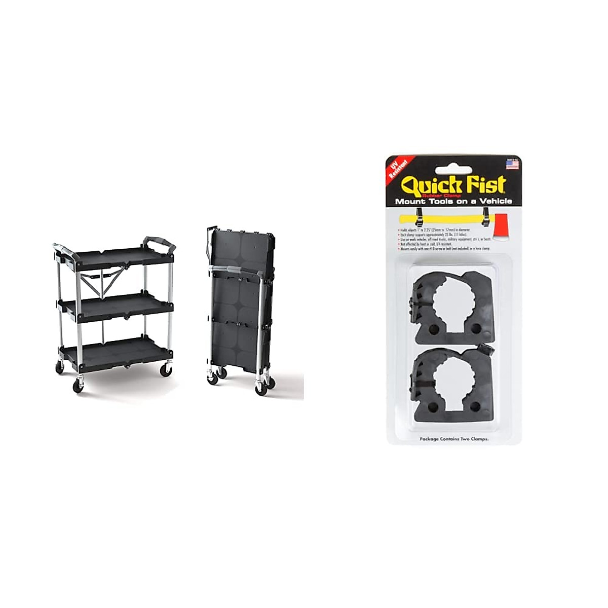 Olympia Tools Pack-N-Roll Folding Collapsible Service Cart, Black, 50 Lb. Load Capacity per Shelf & END of Road Original Quick Fist Clamp for mounting Tools & Equipment 1" - 2-1/4" Diameter