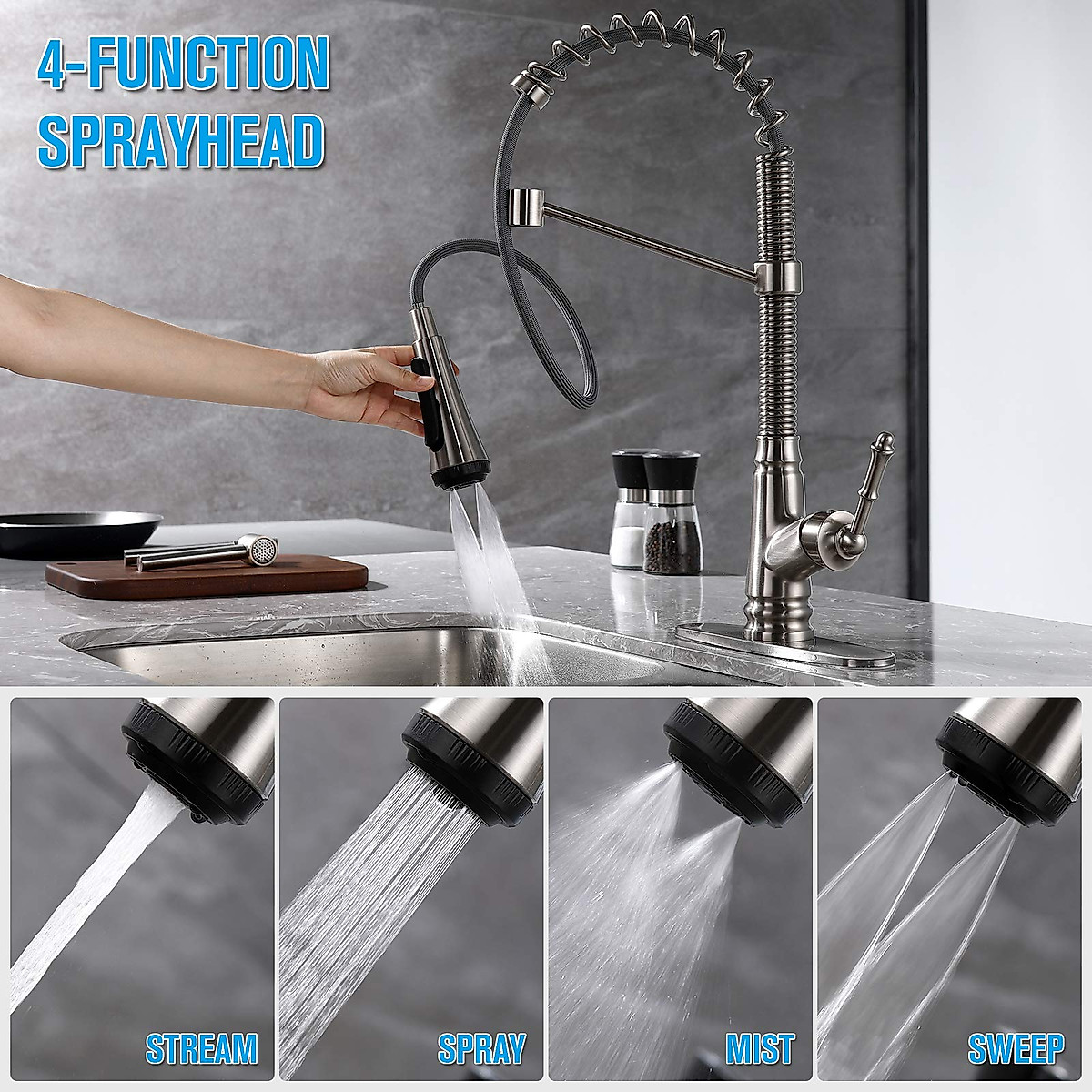 Single Handle Kitchen Sink Faucet with Pull Down Sprayer, Single Level Pull Out Kitchen Faucet, Brushed Nickel