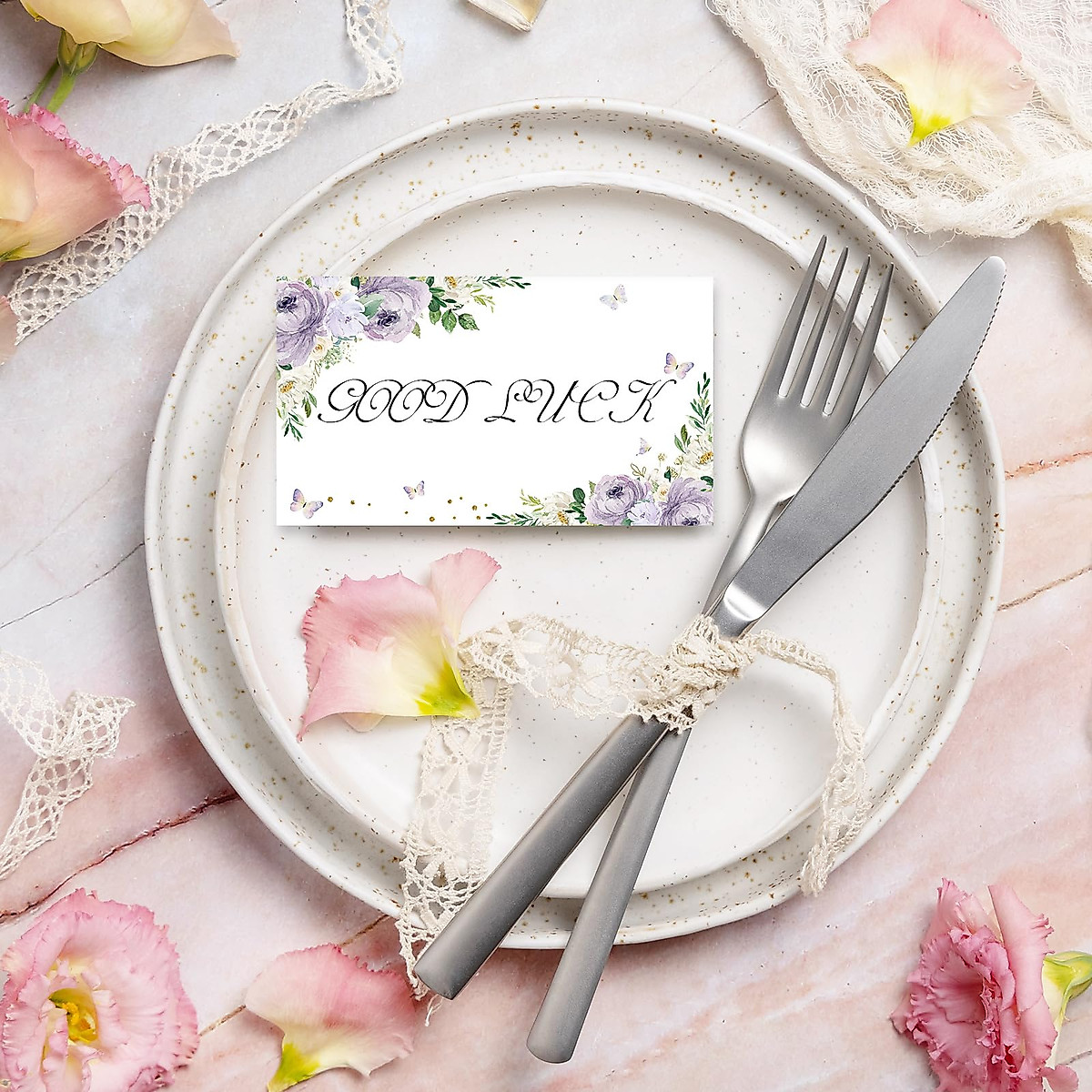 Whaline 100Pcs Floral Butterfly Place Cards 2 x 3.5 Inch Watercolor Purple Flower Tented Cards Table Name Sign for Party Banquet Reception Table Setting Supplies