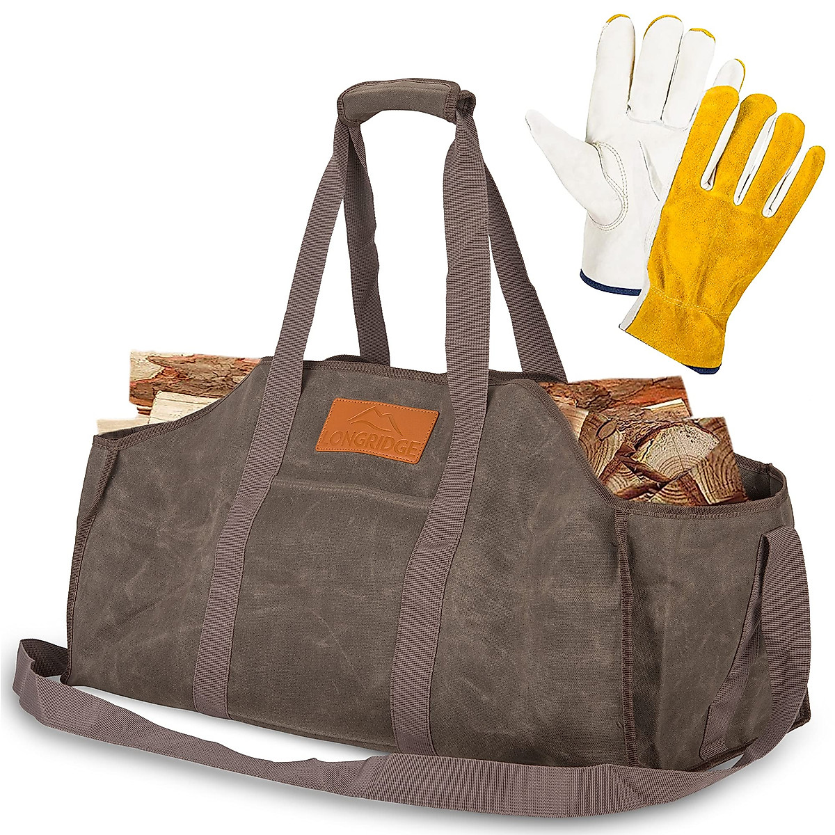Longridge Extra Large Firewood Log Carrier Bag Tote with Leather Gloves. Durable Waxed Canvas,Handles and Shoulder Strap. Home,Camping or Gift,Grey Waxed Canvas,24 x12x12.6
