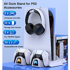 PS5 Stand with Cooling Station&Dual Controller Charger for Playstation 5 PS5 Console, CYKOARMOR PS5 Accessories with 5V/3A Adapter, PS5 Base with Cooler Fan, Charging Dock and Game Holder White