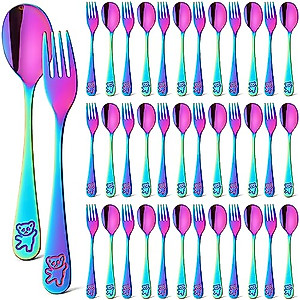 Dandat 36 Pcs Stainless Steel Toddler Utensils, Rainbow Kids Silverware Set Includes Small Kids Spoons and Forks, Metal Kids Cutlery Set, Child Safe Flatware, Dishwasher Safe (UV Rainbow)