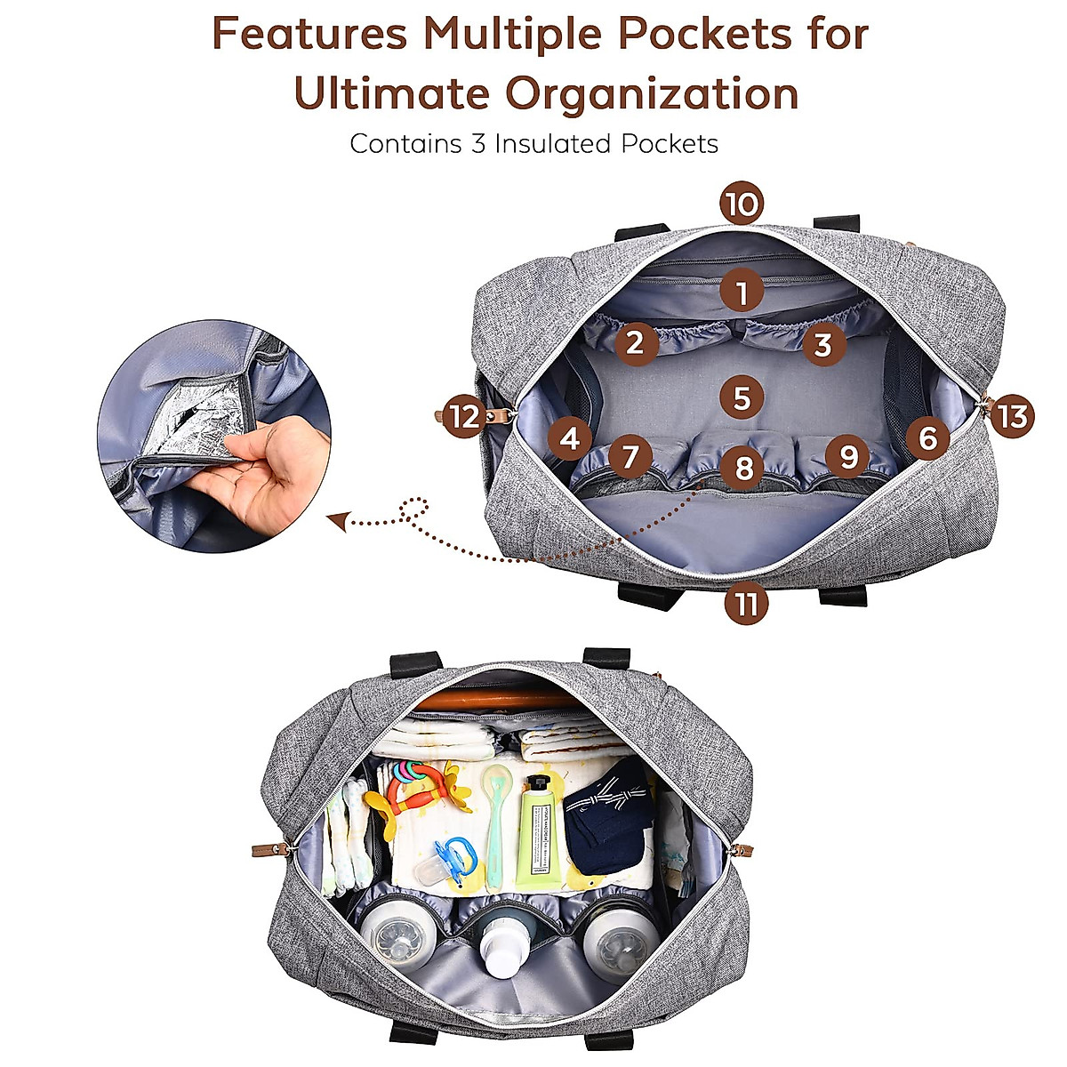 Dikaslon Diaper Bag Tote with 2 Pack Stroller Hooks, Pacifier Case and Changing Pad, Large Travel Diaper Tote for Mom and Dad, Multifunction Baby Bag for Boys and Girls