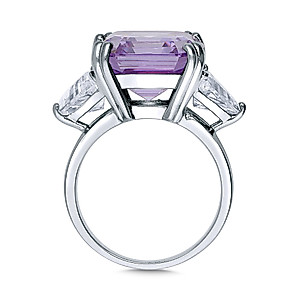 BERRICLE Sterling Silver 3-Stone Purple Asscher Cut Cubic Zirconia CZ Statement Cocktail Fashion Anniversary Ring for Women, Rhodium Plated Size 7