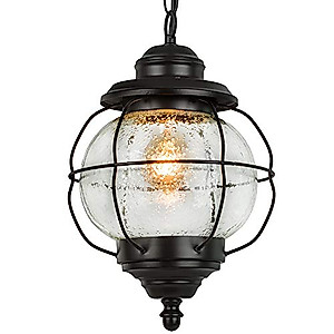 LALUZ Outdoor Pendant Lights, Farmhouse Ceiling Hanging Porch Fixture in Black Metal with Clear Bubbled Glass Globe in Iron Cage Frame, Exterior Lantern for Gazebo, Entryway, Patio