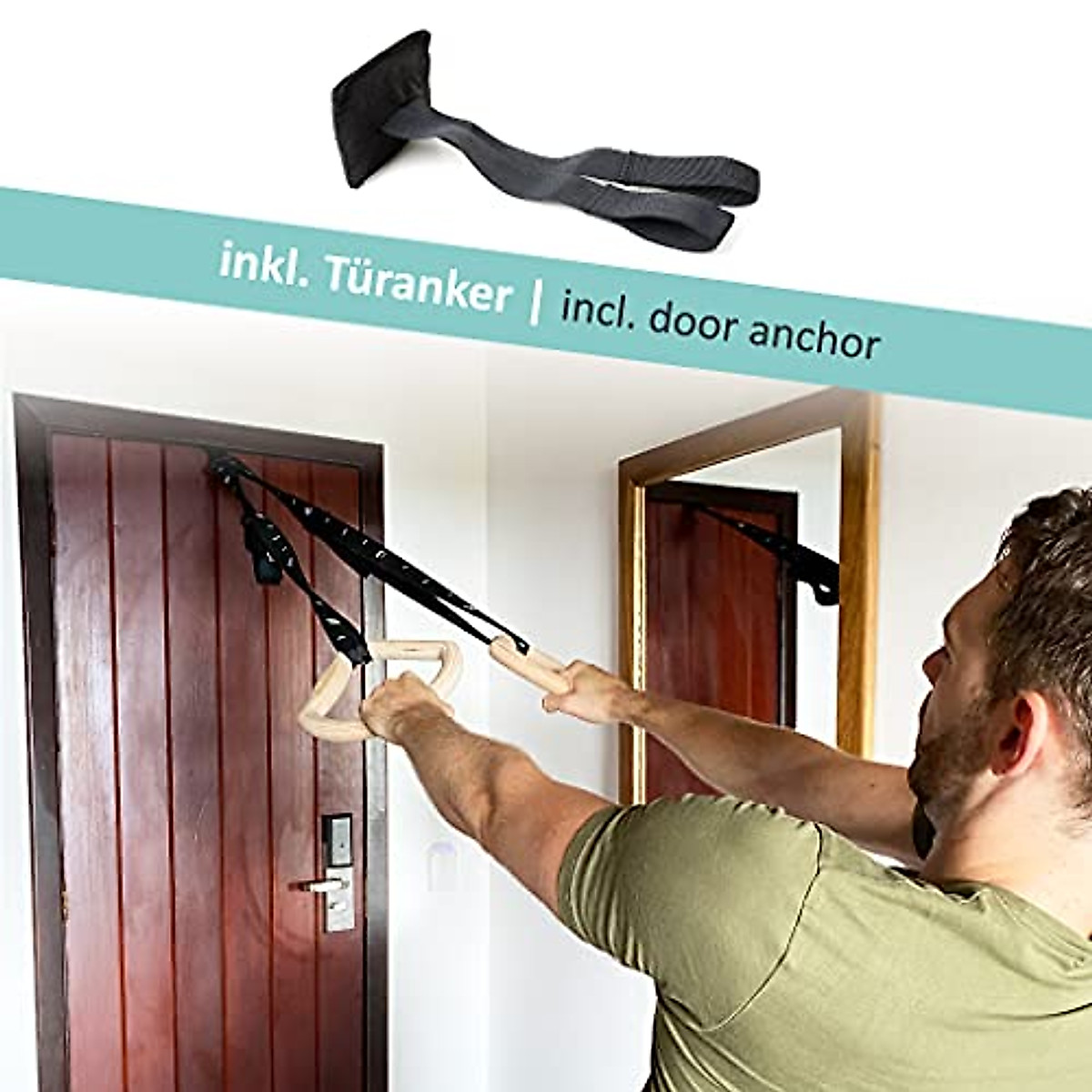 PULLUP & DIP Premium Gymnastic Rings, Wooden Gym Rings for Calisthenics - Wide Straps with Length Markings + Door Anchor + Carry Bag + Exercise Guide, Calisthenics Rings (Trings Set)