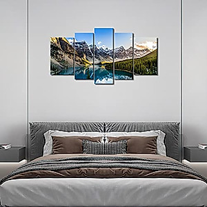 Wall Art Decor Poster Painting On Canvas Print Pictures 5 Pieces Moraine Lake And Mountain Range Sunset Canadian Rocky Mountains Landscape Framed Picture For Home Decoration Living Room Artwork