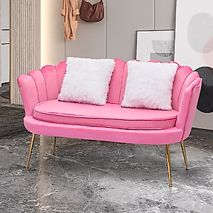 Magshion 52in Tufted Velvet Loveseat with 2 Pillows Living Room Chair Modern Scalloped Back Accent Velvet Upholestered Armchair with Golden Metal Legs, Back Cushion Padded Sofa, Pink