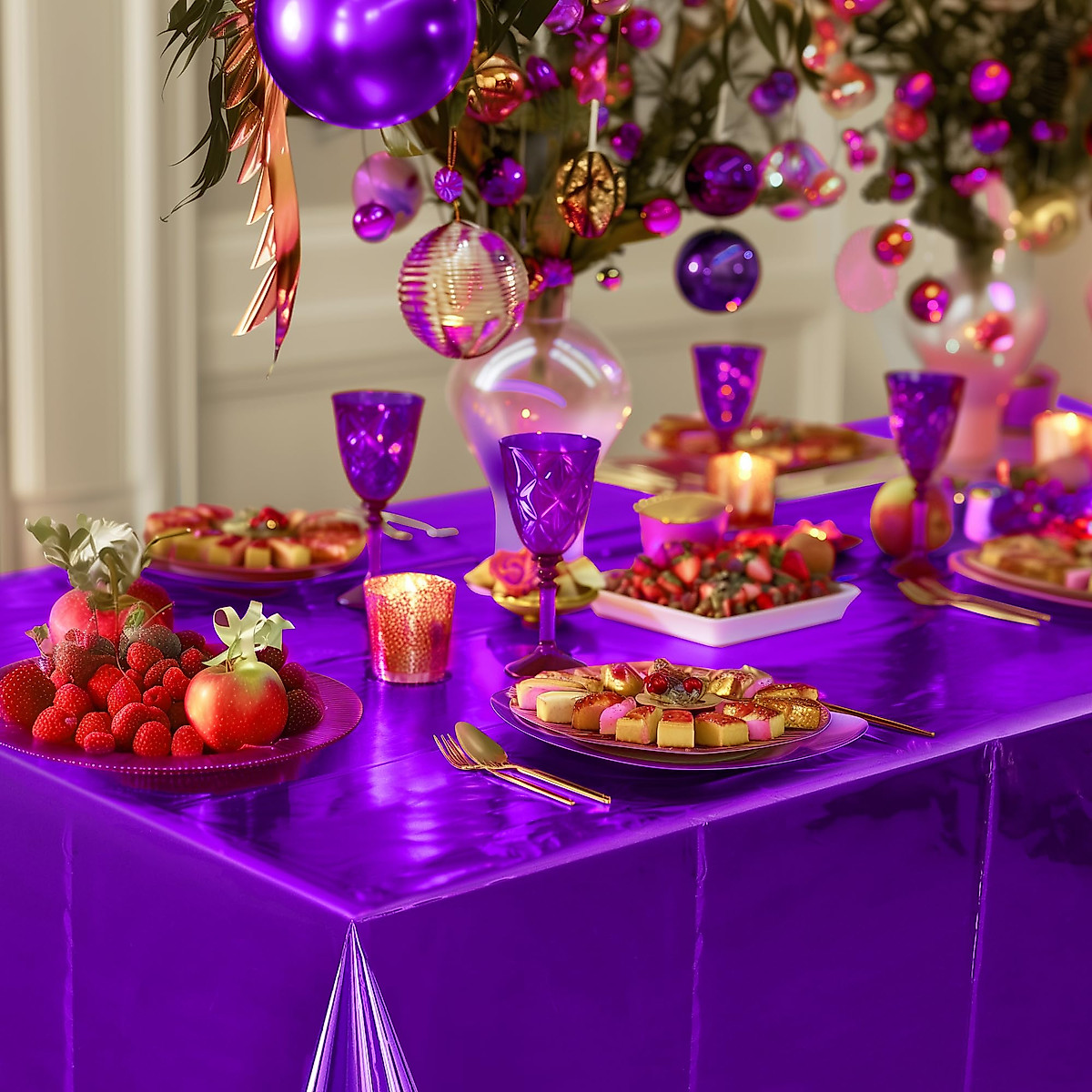 Just Shimmer 4 Pieces Black & Dark Purple Foil Tablecloth 54 * 72inch Plastic Birthday Party Table Cloths Disposable Waterproof Table Cover for Halloween Christmas Wedding Graduation Party Supplies