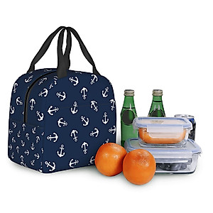 QIUWIOV Anchor Navy Lunch Bag Insulated Reusable Lunch Box Thermal Tote Bag Container Cooler Bag for Women One Size