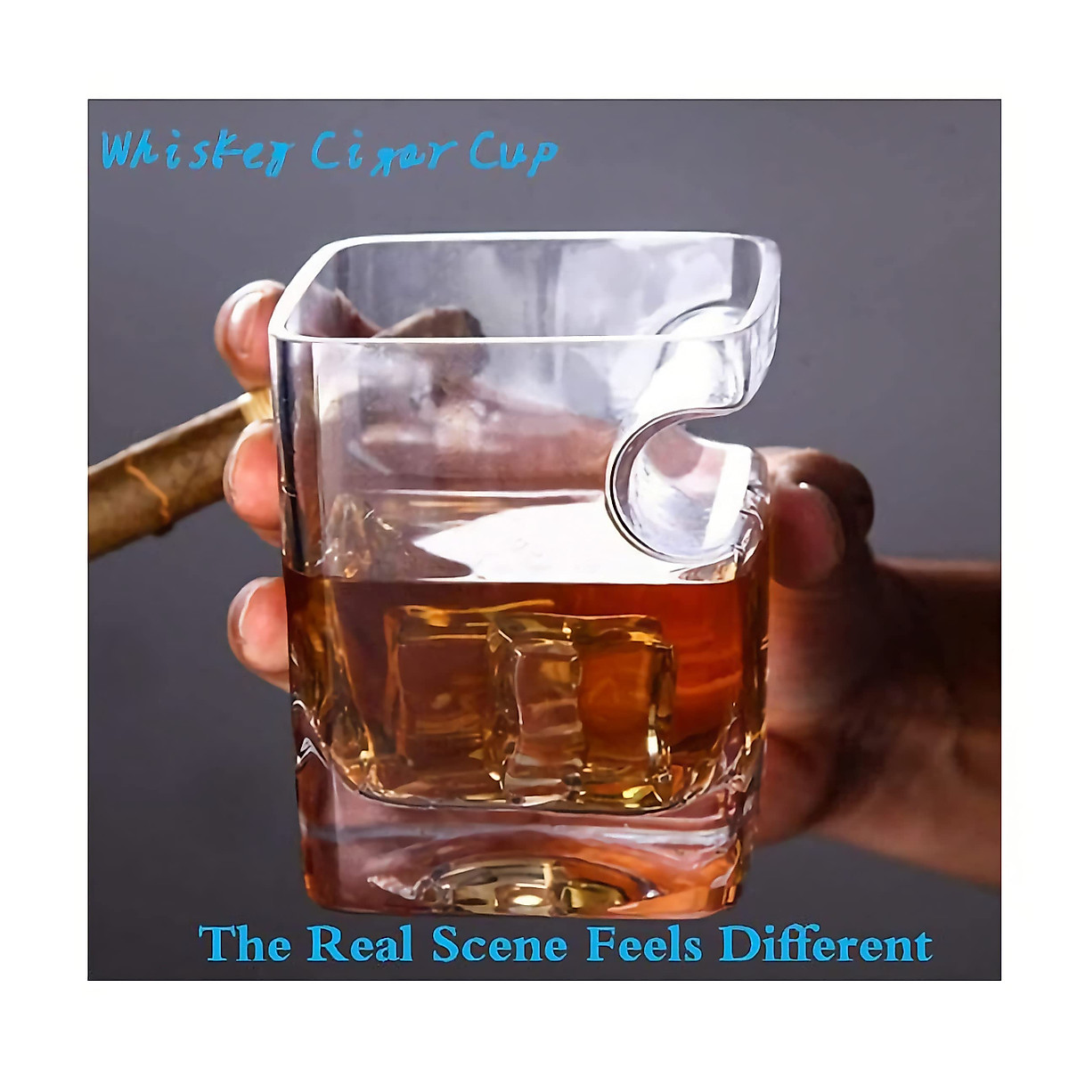 KNC Cigar Whiskey Glass - Old Fashioned Whiskey Glasses - Tumbler With Side Mounted Holder Cigar Rest-Best Accessories & Gifts for Drinking Bourbon and Scotch