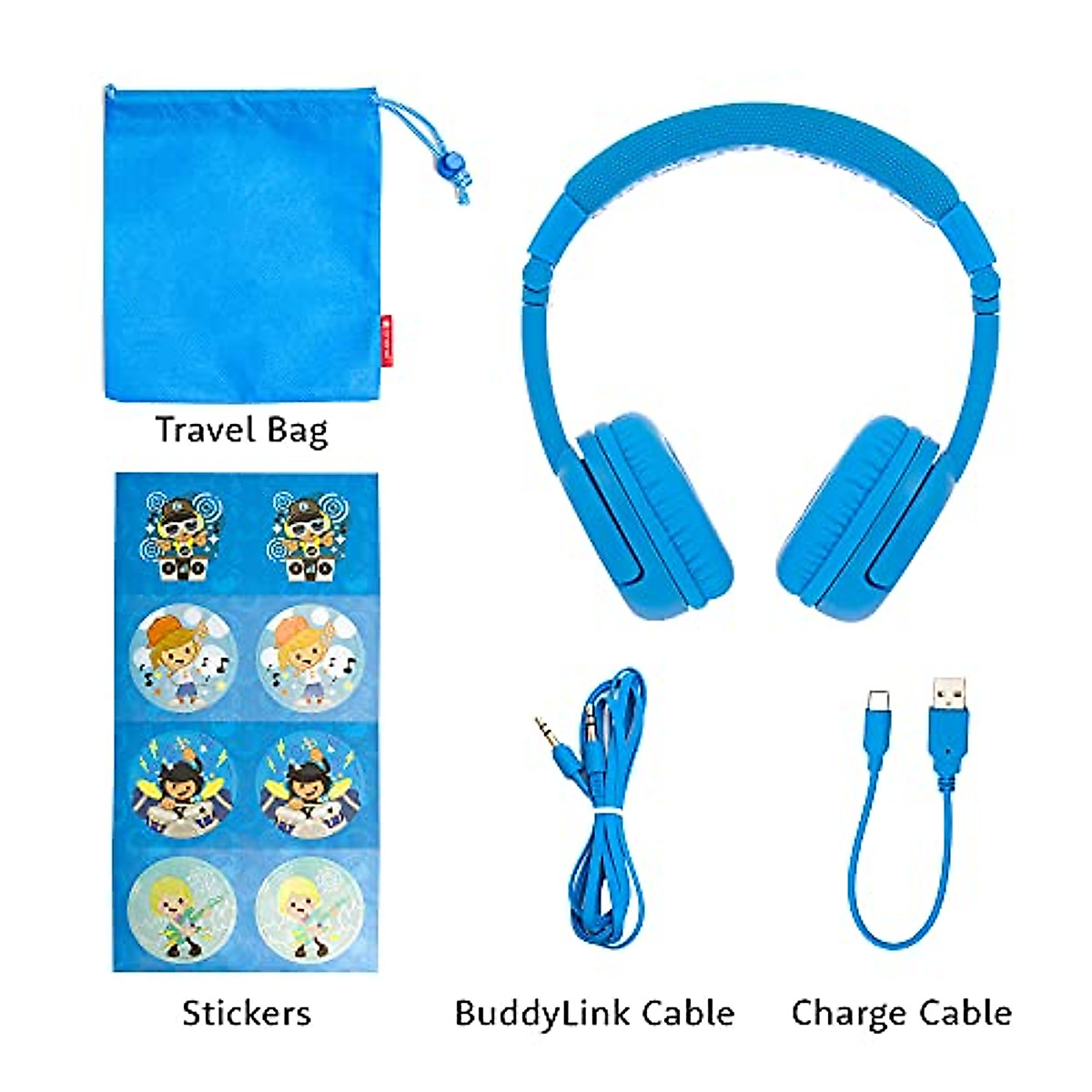 ONANOFF BuddyPhones Play+, Wireless Bluetooth Volume-Limiting Kids Headphones, 20-Hours Battery Life, 3 Volume Settings, Voice Enhancing StudyMode, Answer/Playback Button, BuddyLink Cable, Cool Blue