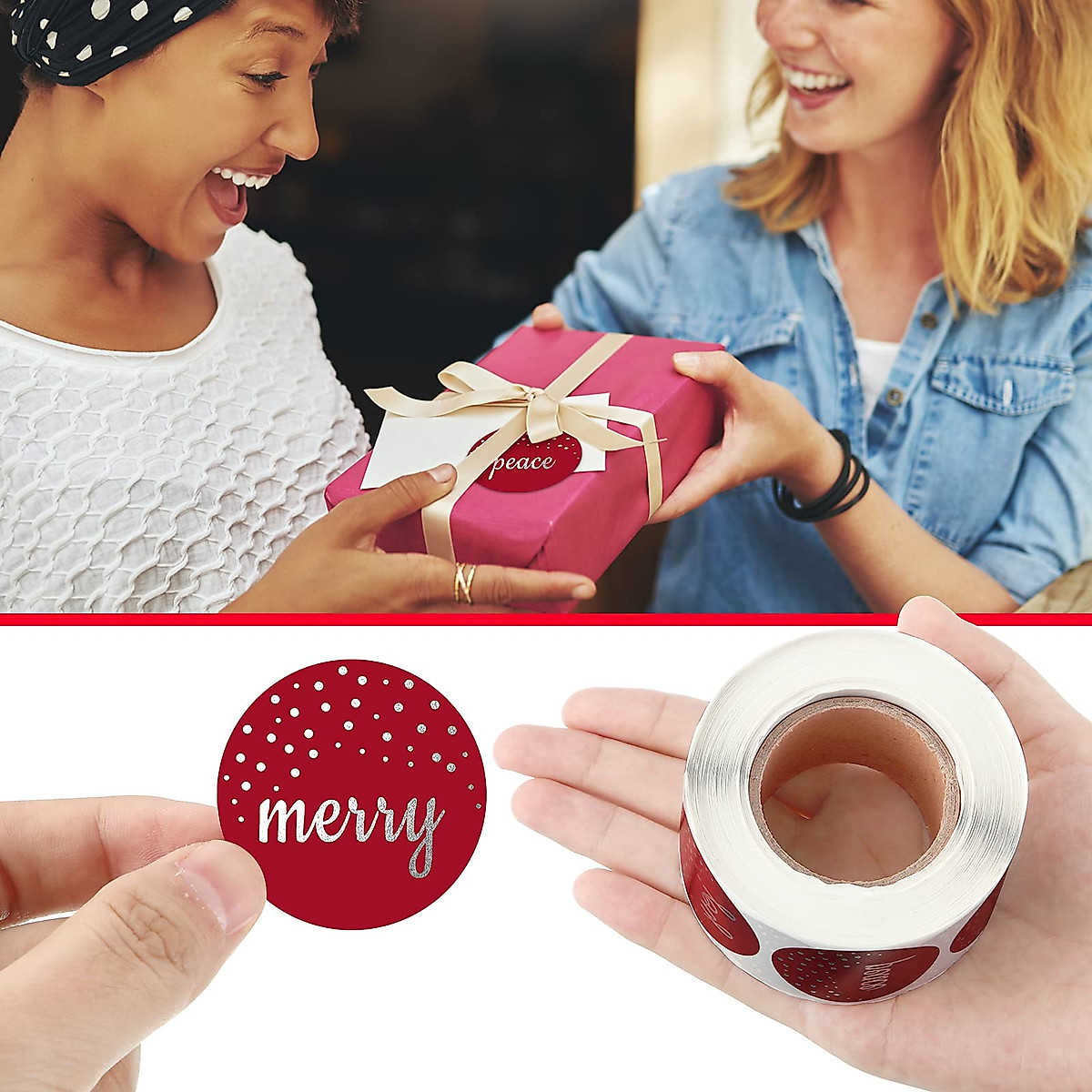 500 Pieces Merry Christmas Stickers Labels for Envelopes 1.5 Inch Joy Peace Love Red Christmas Foil Seal Stickers Roll Holiday Stickers Xmas Labels Roll for Greeting, Sealing, Gifting, Gift Decor