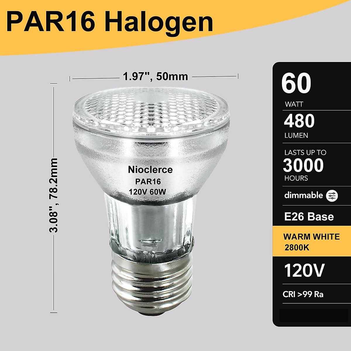 Nioclerce PAR16 Light Bulb - 2 Pack Long Lasting PAR16 Halogen Bulb 60W 120V E26 Base Warm White 2800k, PAR16 Flood Bulb Dimmable, Halogen PAR16 Bulb 60W for Range Hood Lights,Ceiling Fan,Table Light