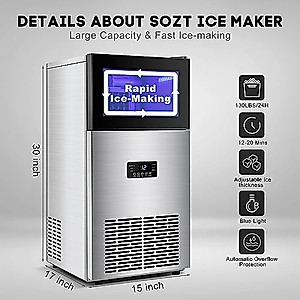 Commercial Ice Maker Machine 130LBS/24H with 35LBS Storage Bin, Stainless Steel Undercounter/Freestanding Ice Cube Maker for Home Bar Outdoor, Automatic Operation, Include Scoop, Connection Hose