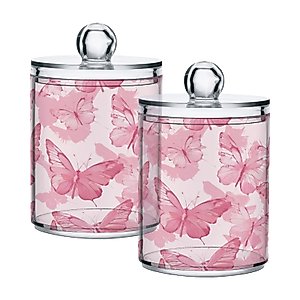 Msyxl 2 Pack Pink Butterflies Apothecary Jars with Lid, Qtip Holder Storage Containers for Cotton Ball, Swabs, Pads, Clear Plastic Canisters for Bathroom Vanity Organization (10 Oz)