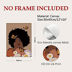 MUELOSY African American Woman Art, Fashion Art, Woman Fashion Portrait, Black Girl wall Art, Black Woman with Butterfly With Flower Wall Art Cavans Décor,12x16in set of 3 (Frameless Canvas)
