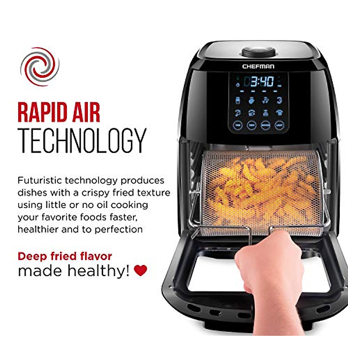 Chefman 6.3-Qt 4-In-1 Digital Air Fryer+, Rotisserie, Dehydrator, Convection Oven, XL Family Size, 8 Touch Screen Presets, BPA-Free, Auto Shutoff, Accessories Included, Black