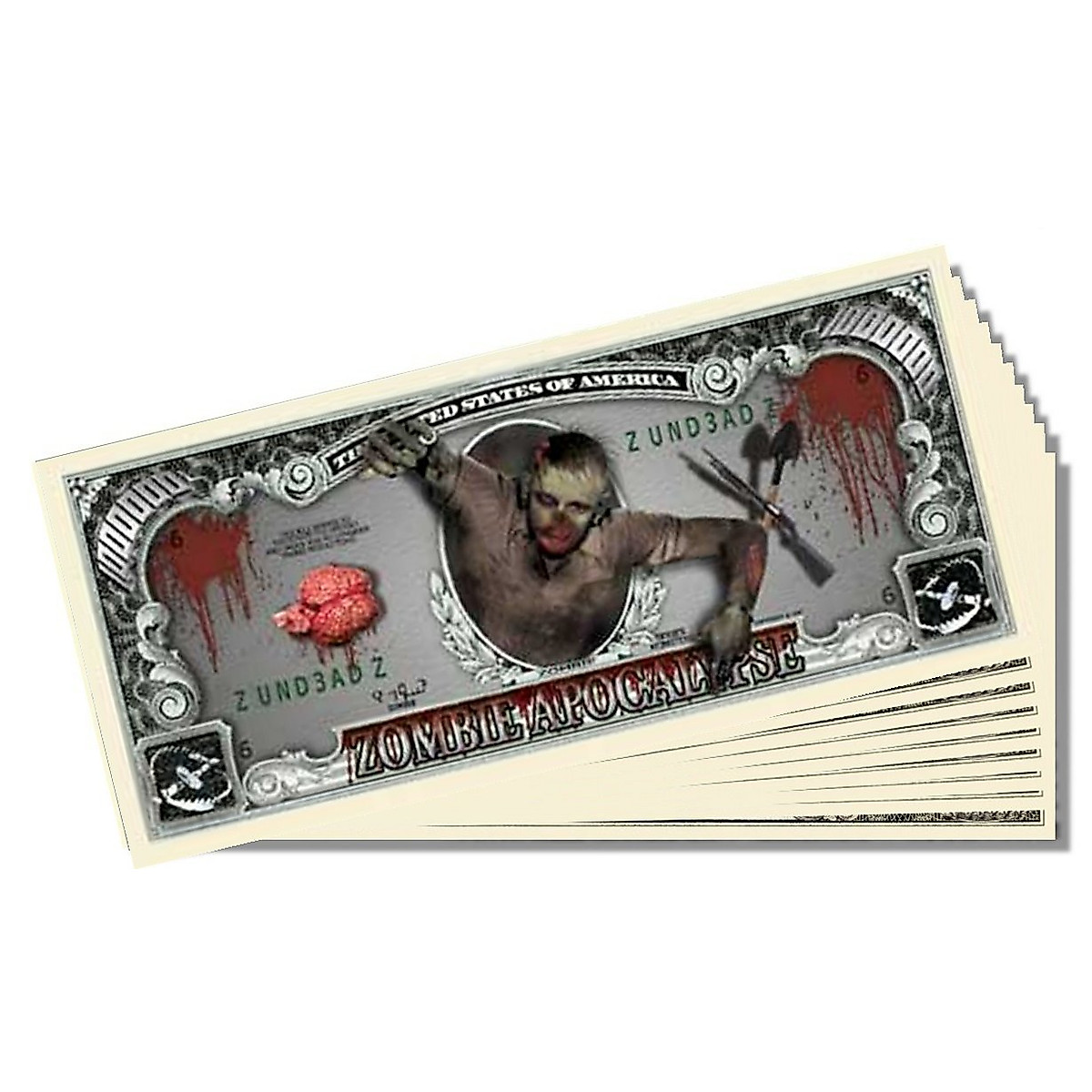 Set of 10 Zombie Apocalypse Novelty Million Dollar Bills with 1 Bonus Clear Protector & 1 Bonus Bill