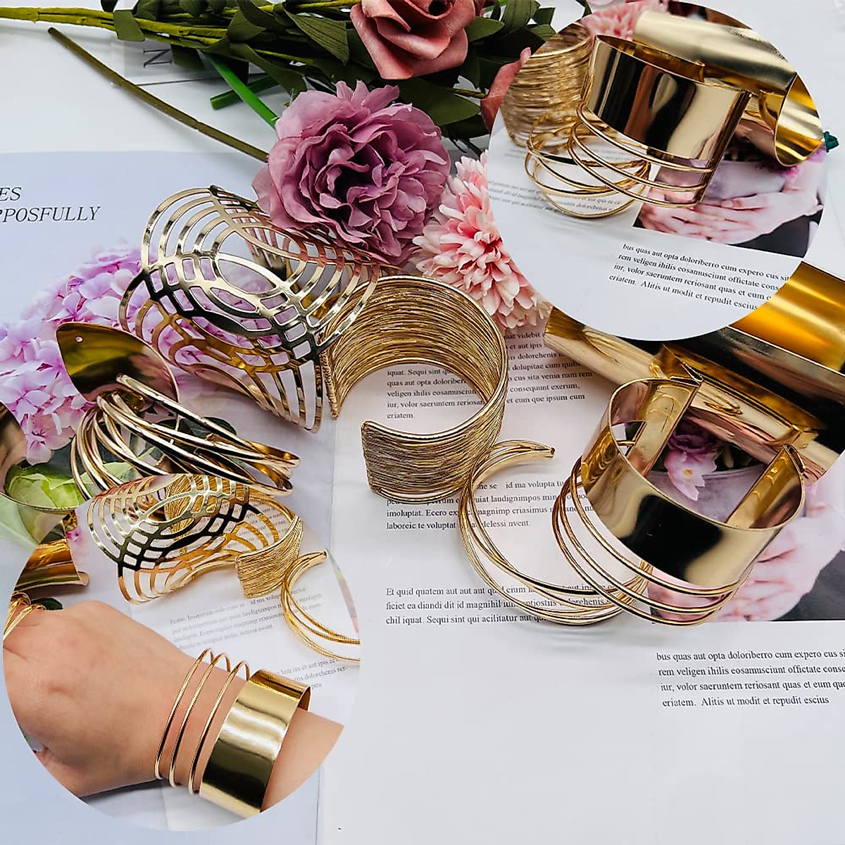 SAMOCO 7 Pcs Cuff Bangle Bracelet for Women Gold Cuff Bracelets Open Wide Wire Bracelets Adjustable Tone Wrist Cuff Wrap Bracelet