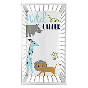 Sweet Jojo Designs Safari Animals Boy Fitted Crib Sheet Baby or Toddler Bed Nursery Photo Op - Turquoise and Navy Blue Mod Jungle Lion Giraffe