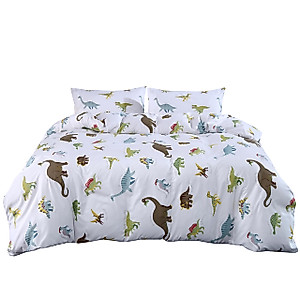 MAG 3Pcs Dino Duvet Cover Set, Colorful Dinosaur Twin Size White Based Duvet Cover Set, for Kids, Toddler, Teens Boys and Girls, Super Soft Microfiber, Twin Size(no Comforter Inside)