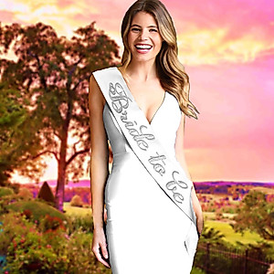 Bride Sash - REAL CRYSTAL Rhinestones Bride To Be Flirty White BRIDAL GRADE SATIN Sash - Bridal Shower & Engagement Decorations - White Sash(Flrty B2B)